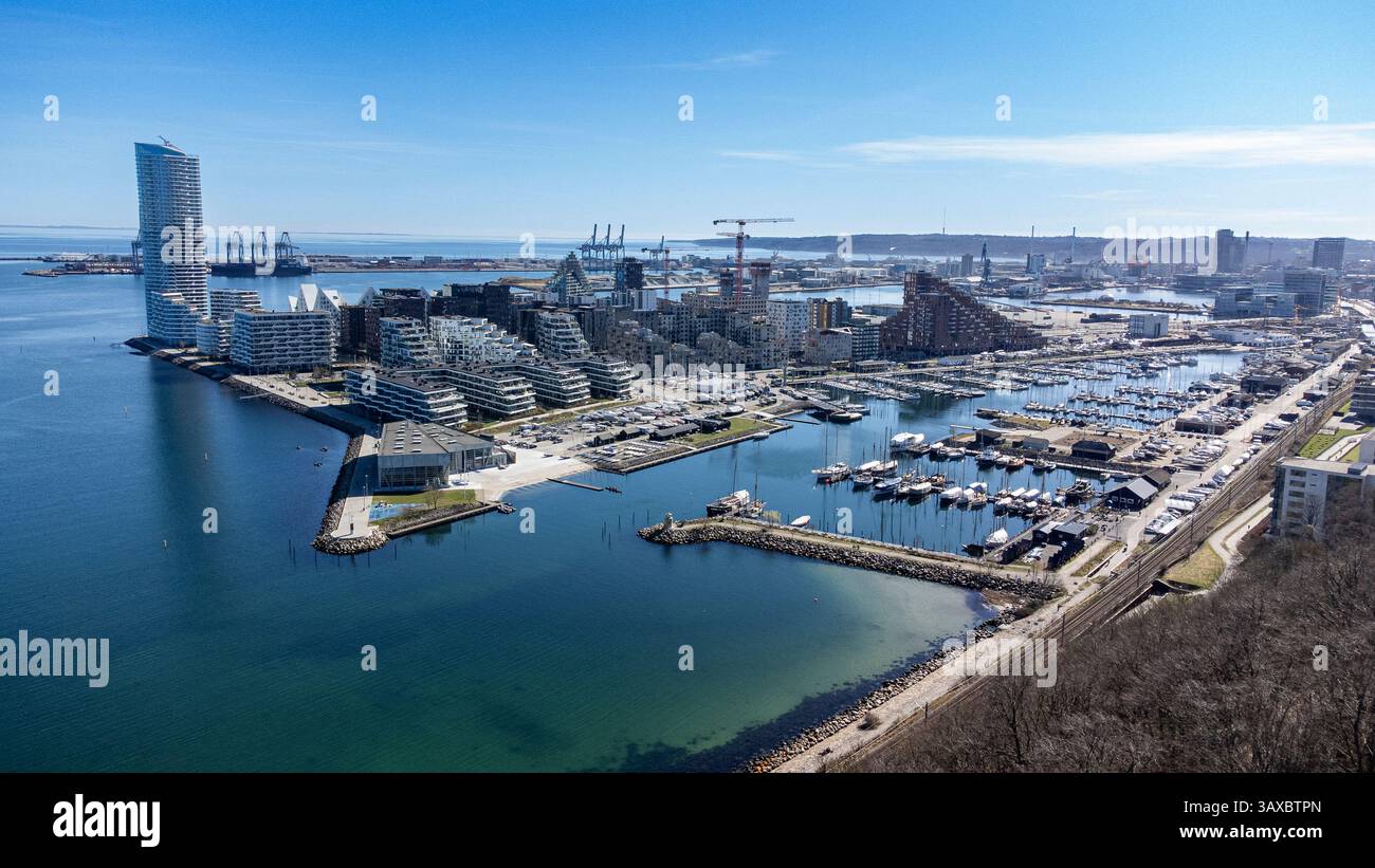 Aarhus oe with Lighthouse the marina and sailsport area Stock Photo - Alamy