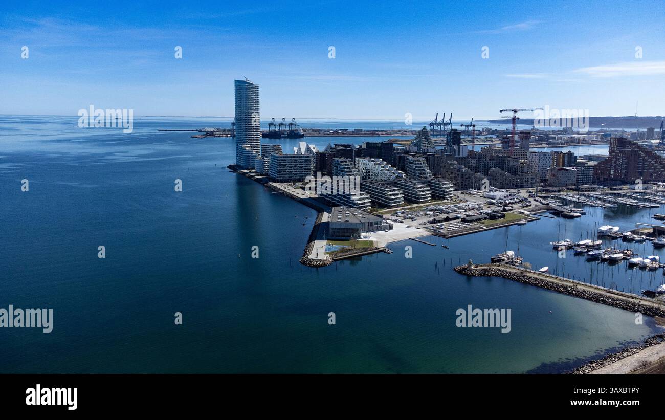 Aarhus oe with Lighthouse the marina and sailsport area Stock Photo - Alamy