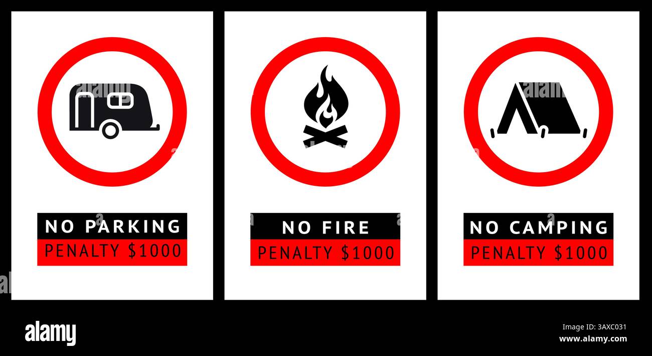 Prohibition sign No Camping, No fires, No Parking, forbidden symbol in ...