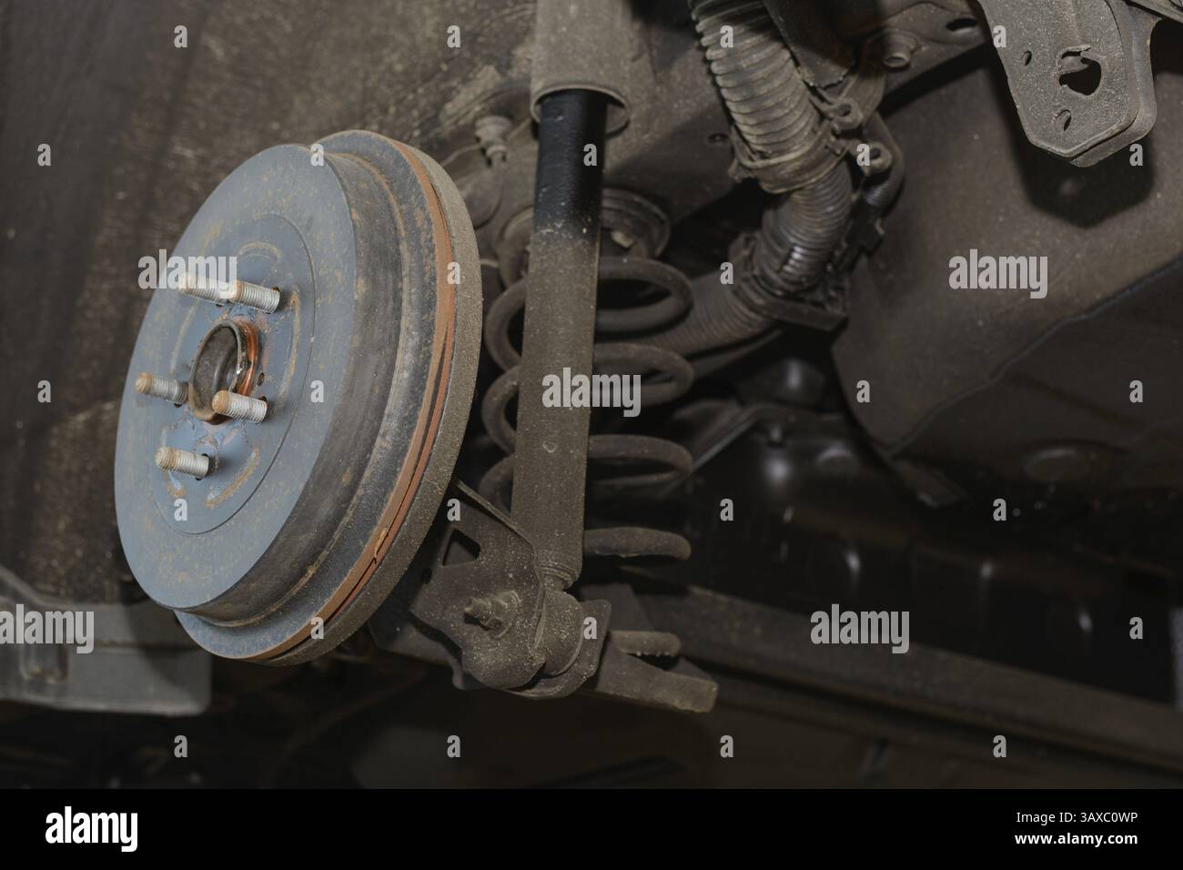 Close-up of a brake drum from the vehicle on the lifting platform Stock ...