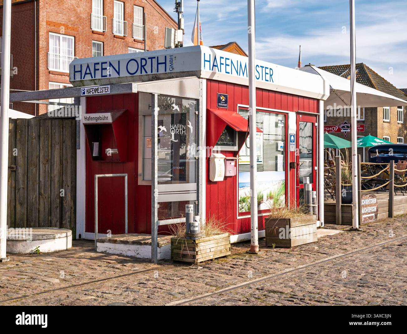 Harbor office kiosk at quay in Orth, Fehmarn Island, Schleswig-Holstein ...