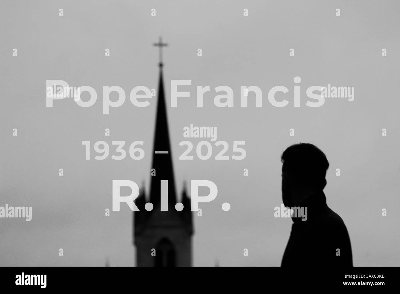 Black and white portrait of Pope Francis, RIP text overlay, solemn ...