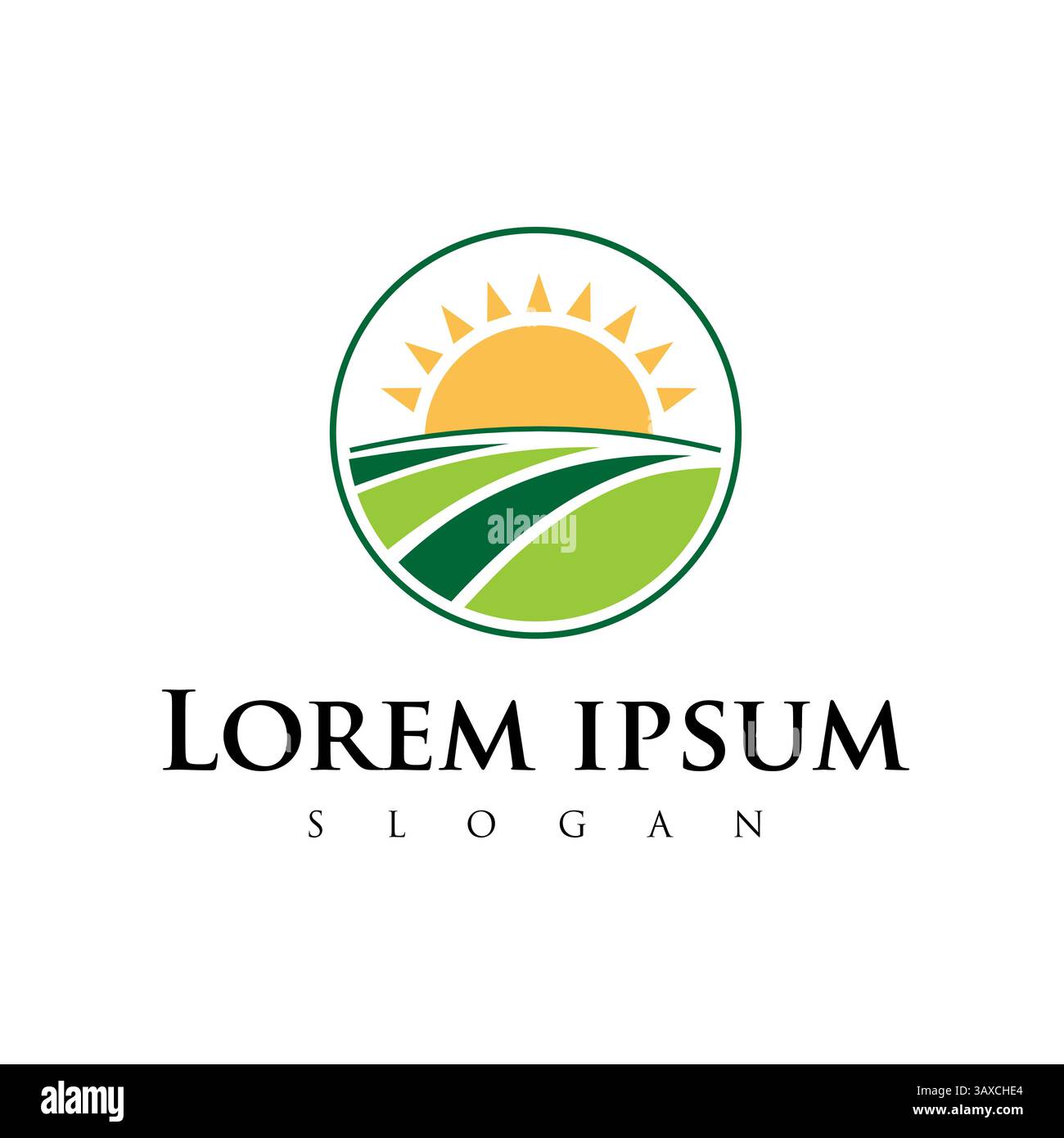 Sunrise over Green Farm Field Circle Shape Logo Design For Farming ...