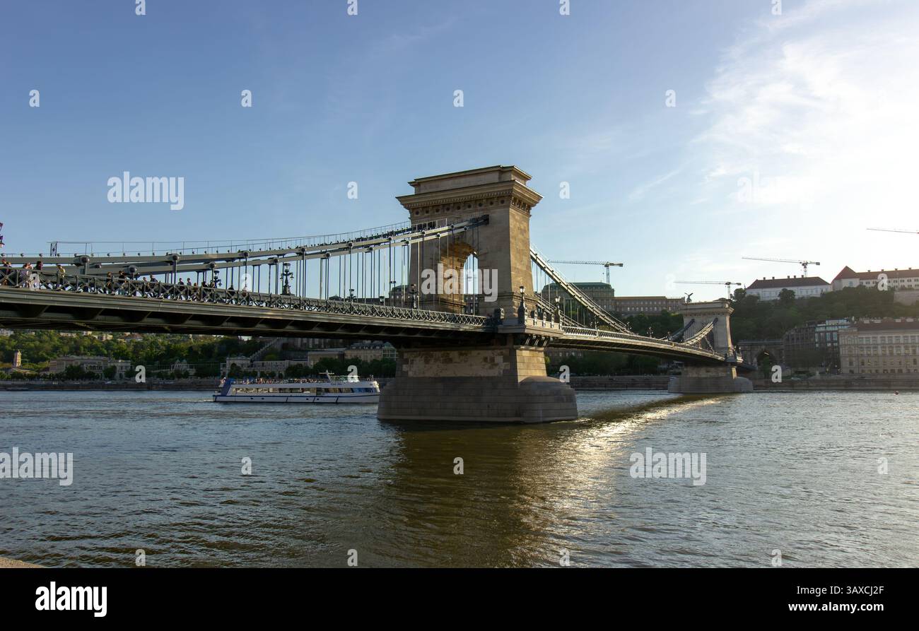 Side view of Chain Bridge in Budapest spanning the Danube River with ...