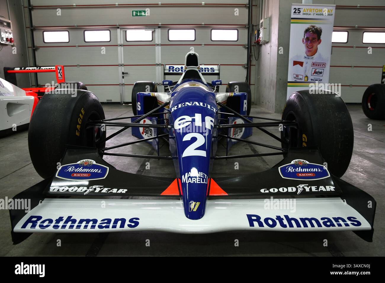 Imola, April 27th 2019: Historic 1994 F1 Williams FW16 ex Ayrton Senna - Damon Hill in the box ...