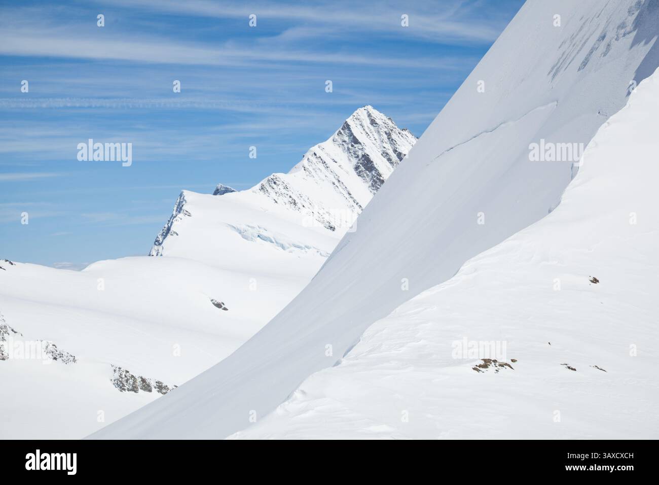 Steep snow-covered mountain ridges from high pass (Obers Mönchsjoch ...