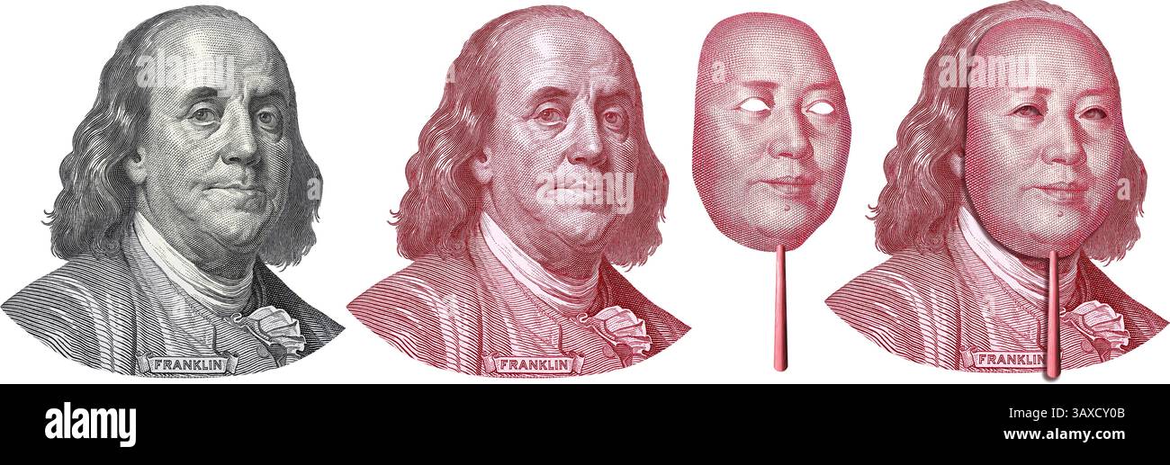 money. franklin in mask of mao. dollar yuan symbol. USA china economic ...