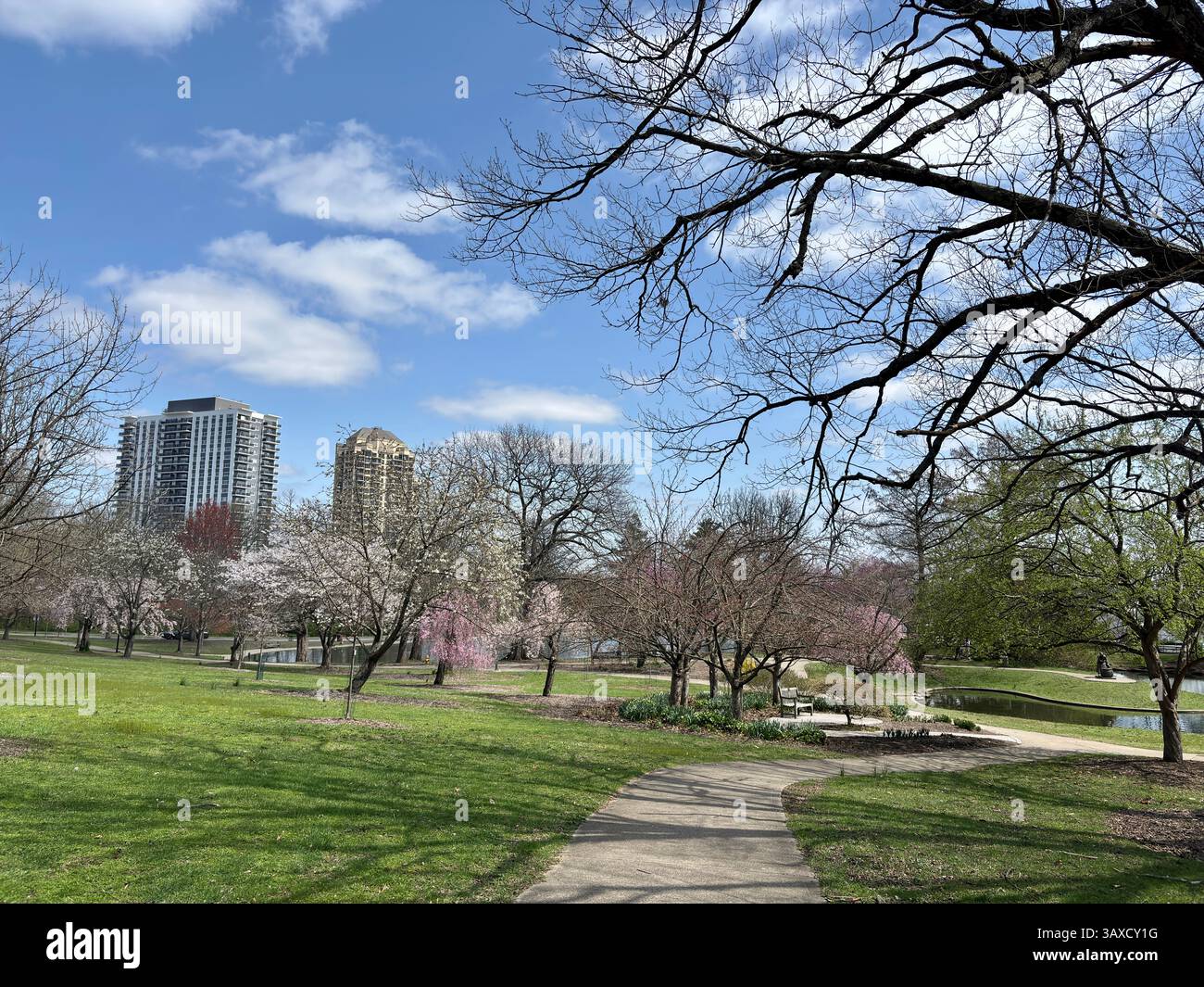 Curved park path with blooming trees at Eden Park in Cincinnati Stock ...