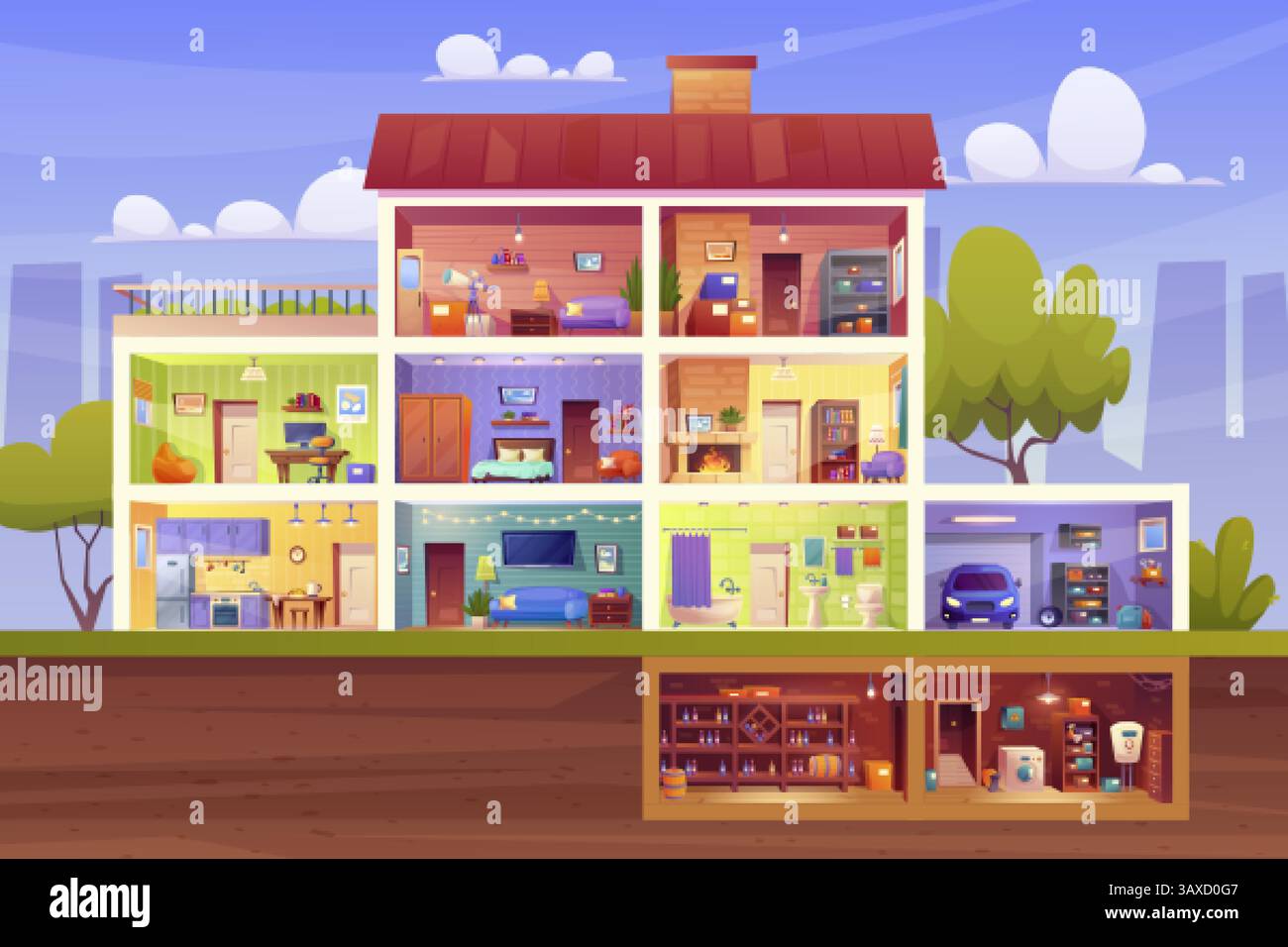 House cross section. Home room cutaway view inside interior efficient ...