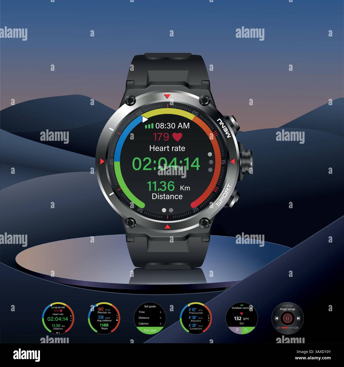 Smartwatch With Multiple smart watch clock faces. Vector illustration ...