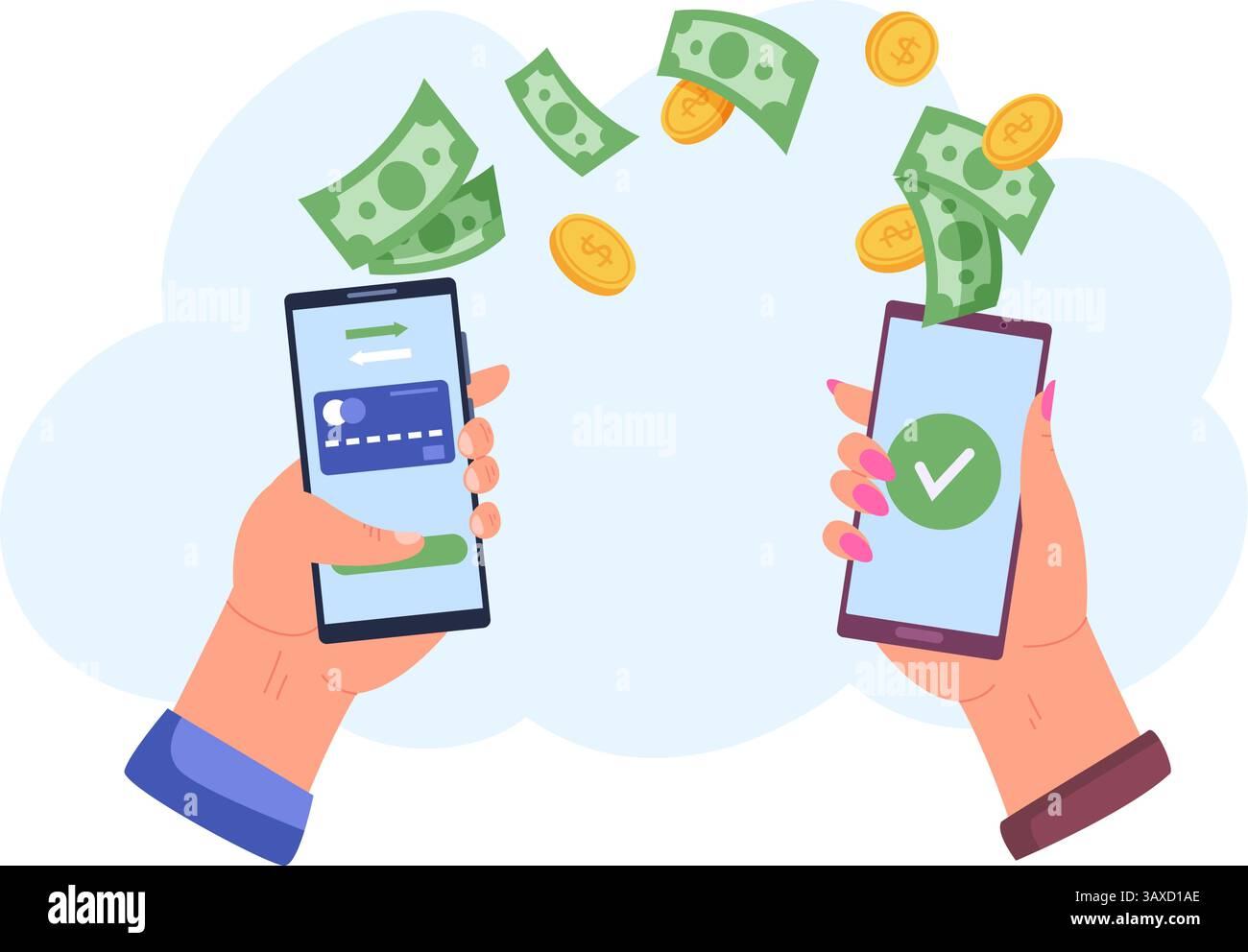 Phone money transfer. Hand hold phone and send cash coins on another ...