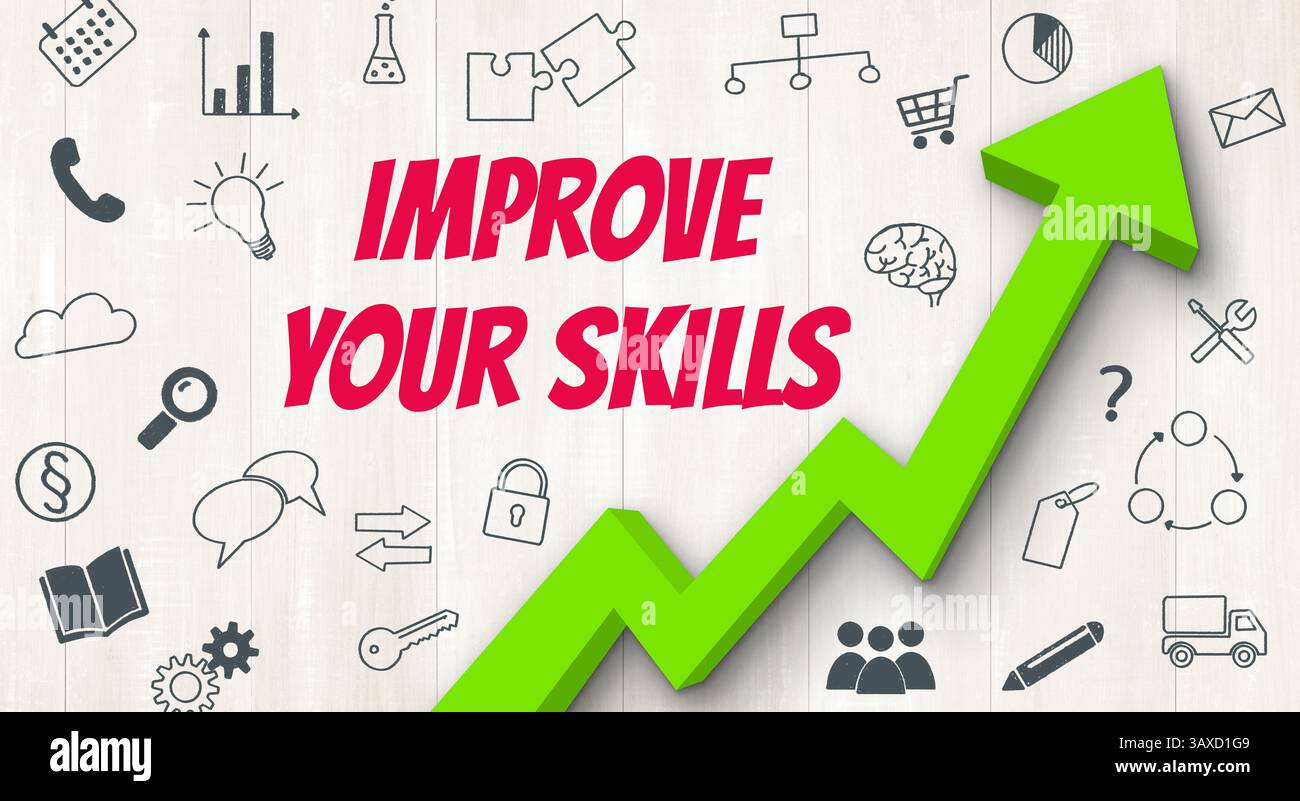 Ascending arrow with icons - Improve your skills Stock Photo - Alamy