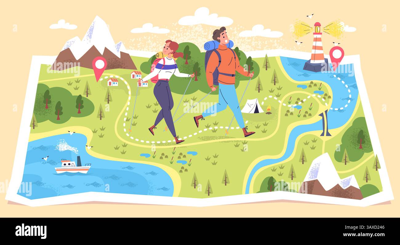 Hikers route. Couple hikers walk on map, hike expedition mountain trail ...