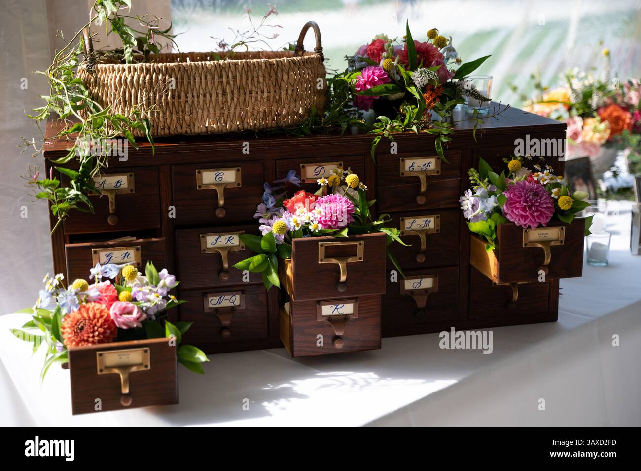 Vintage Card Catalog Escort Display with Flowers at Garden Weddi Stock ...