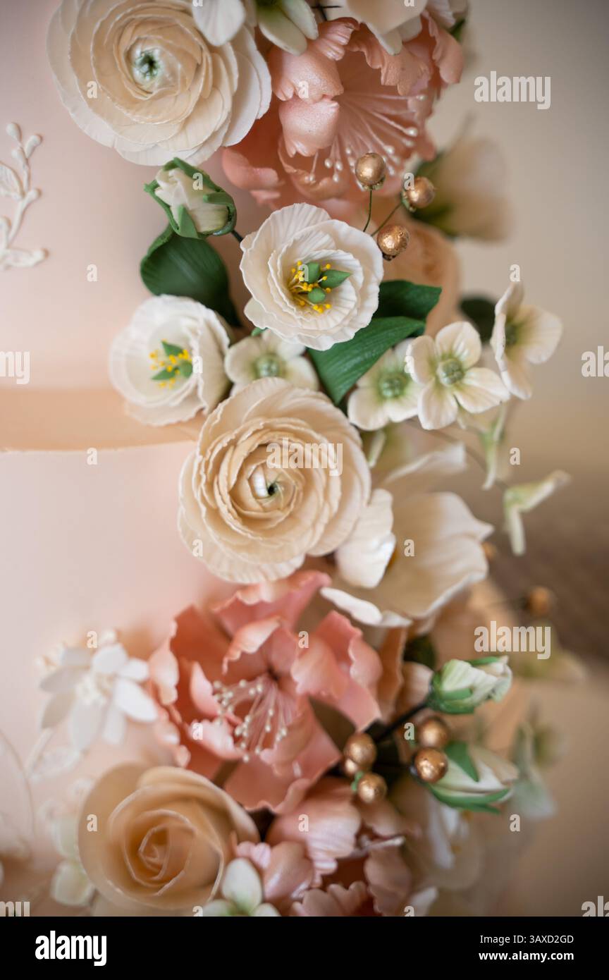 Blush Wedding Cake with Intricate Sugar Floral Detailing Stock Photo ...