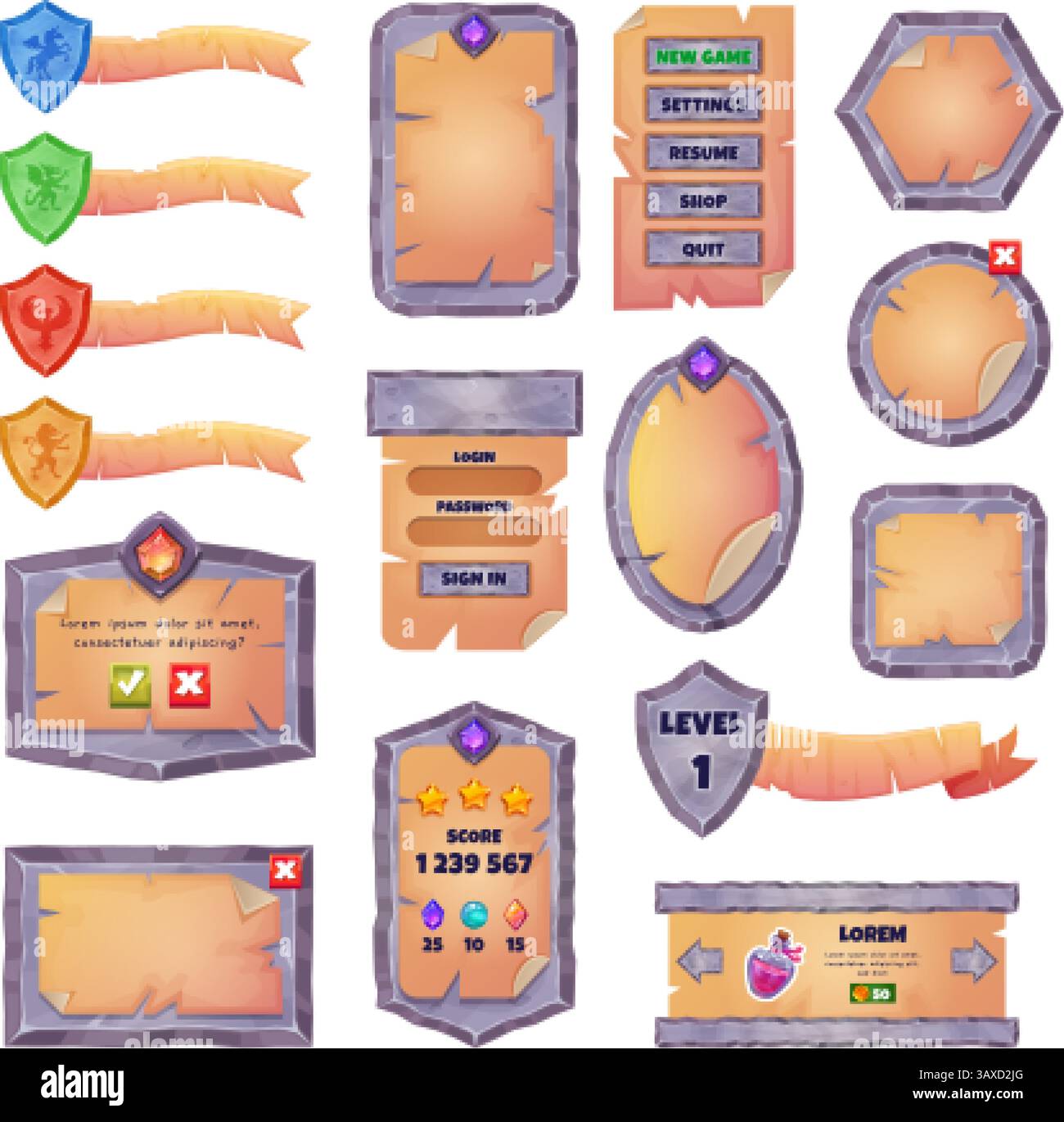 Parchment ui. Fantasy rpg game cards with stone old paper ribbons menu ...