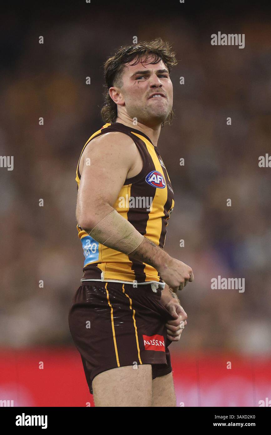 Nick Watson of the Hawks reacts after missing a goal during the AFL ...