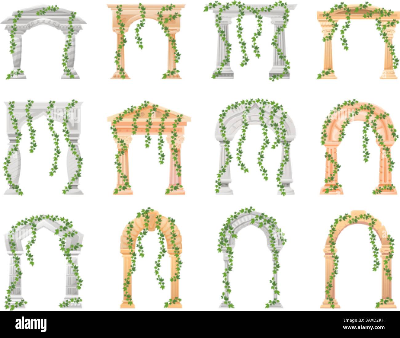 Ivy arches. Ancient stone arch column with green creeper vines, wedding gate garden arc jungle ...