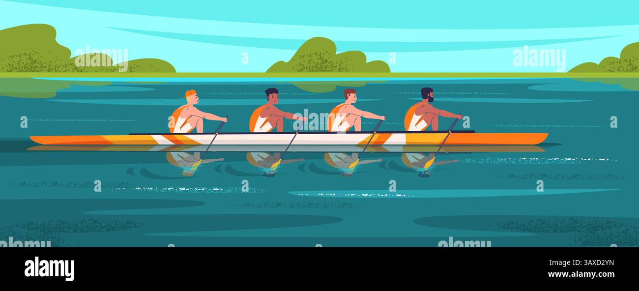 Rowing sport team. Rowers teamwork in kayak canoe boat row paddles ...