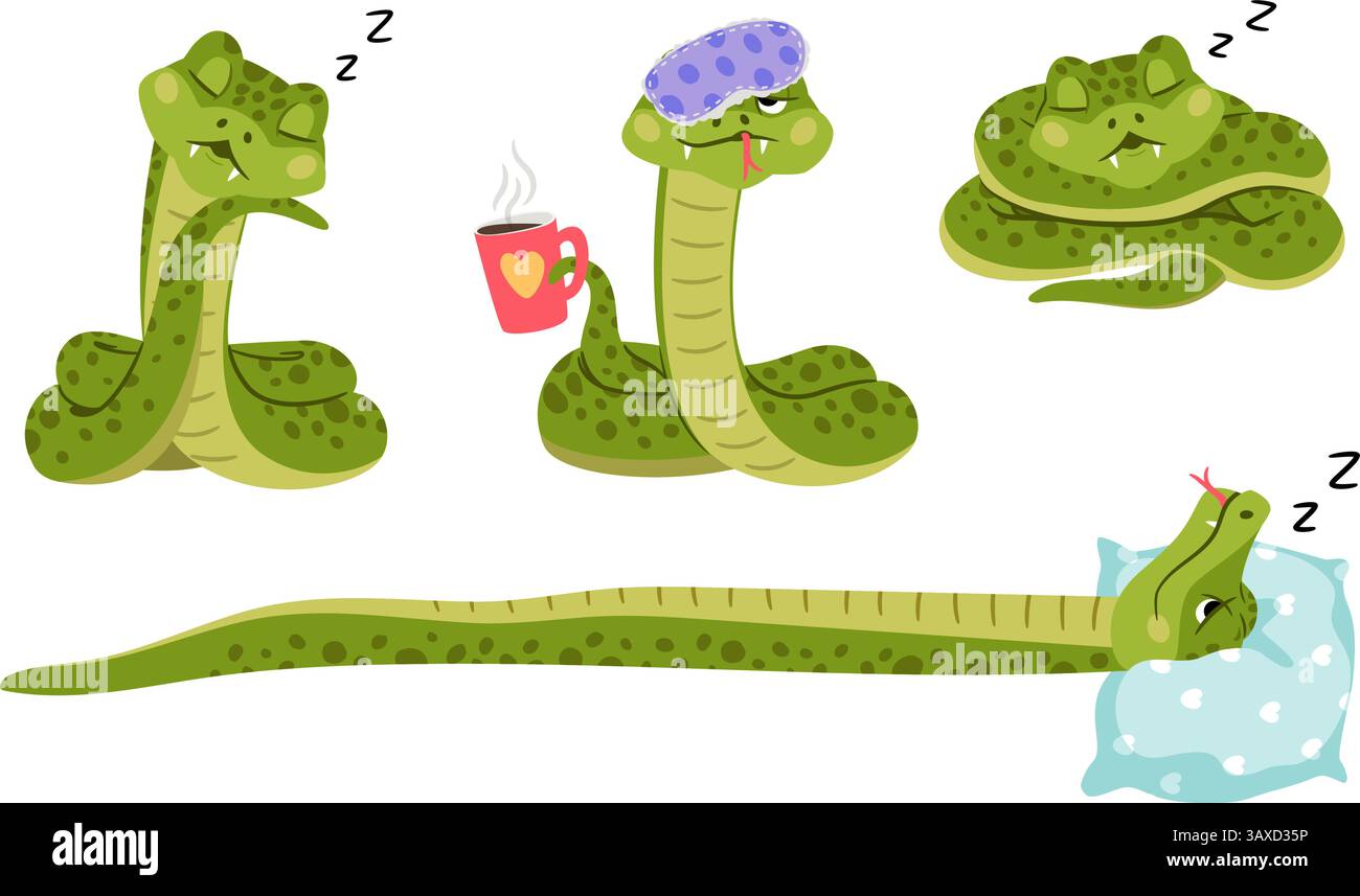 Set of cartoon green sleepy snakes in various poses original artwork ...