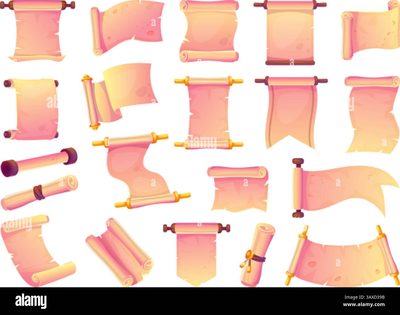 Cartoon parchment scrolls. Old paper scroll, ancient egypt papyrus parchments scroll treasure ...