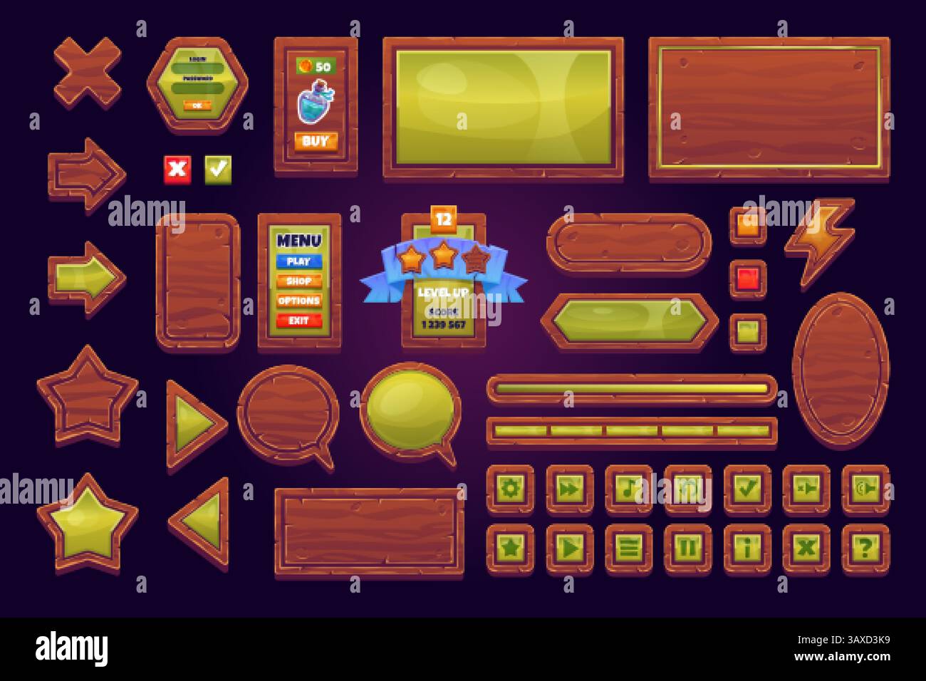 Wood Game Interface Gui Buttons Board Panels Wooden Texture 2d Video Game Ui Assets Menu Kit