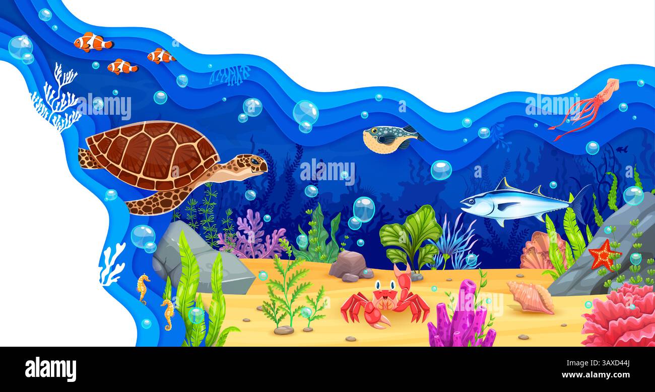 Underwater landscape paper cut banner with funny sea turtle, tuna ...