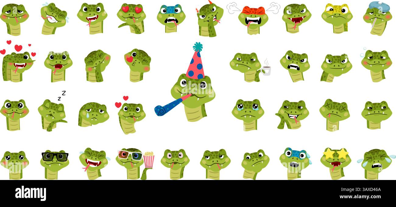 Set of different snakes emoticons, big collection of stickers original ...