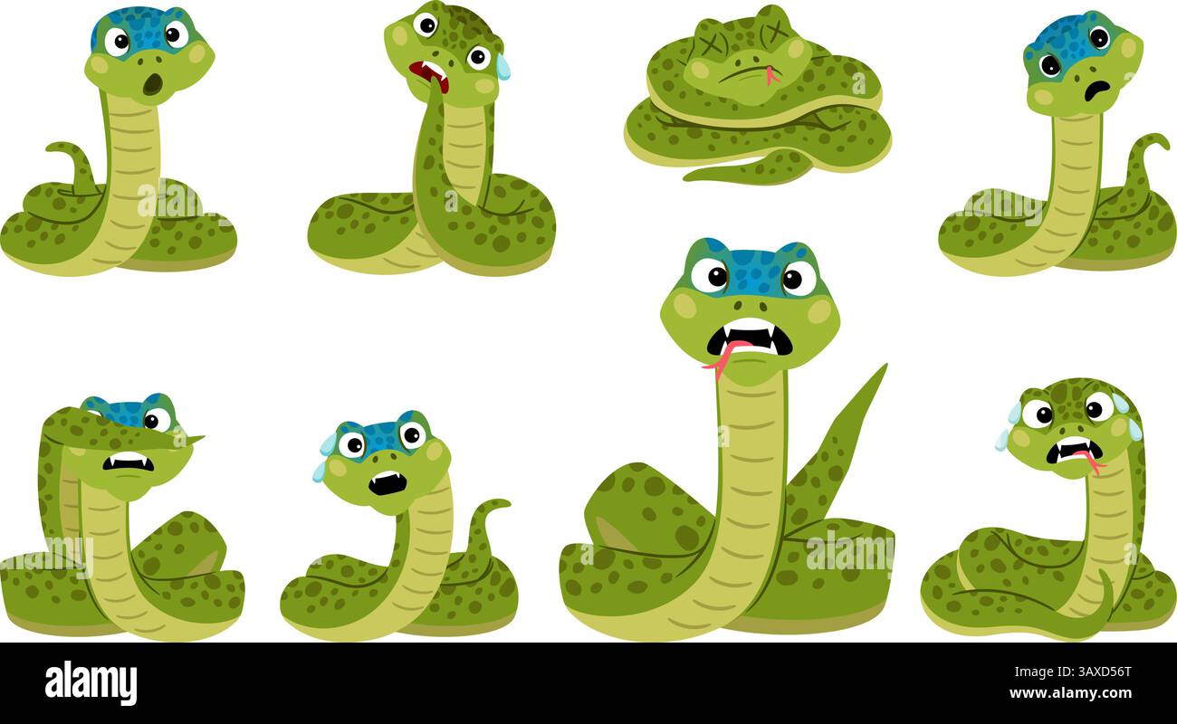 Set of cute cartoon scared snakes characters, isolated vector ...