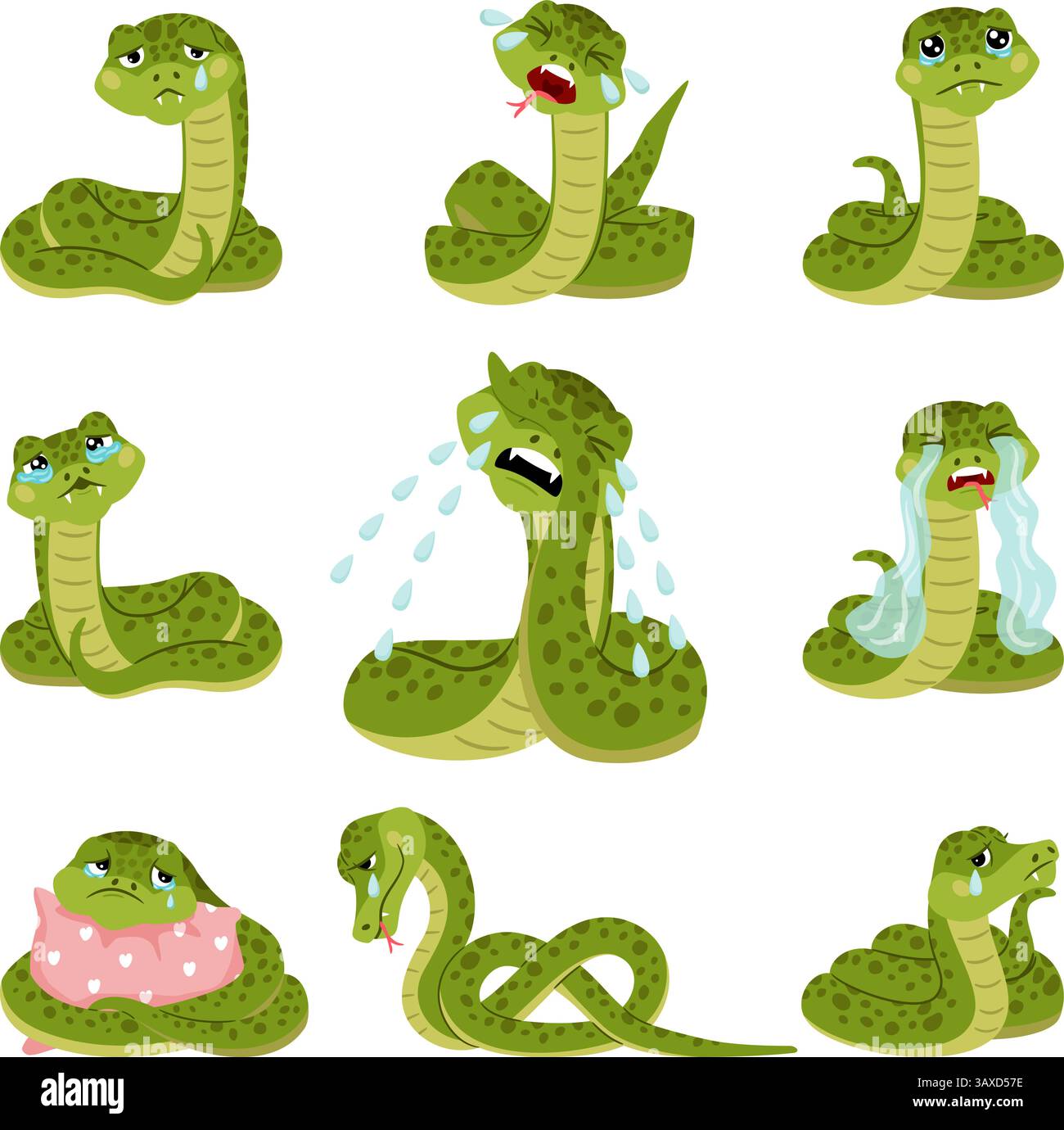 Set of cartoon upset crying snakes with tears in eyes original artwork ...