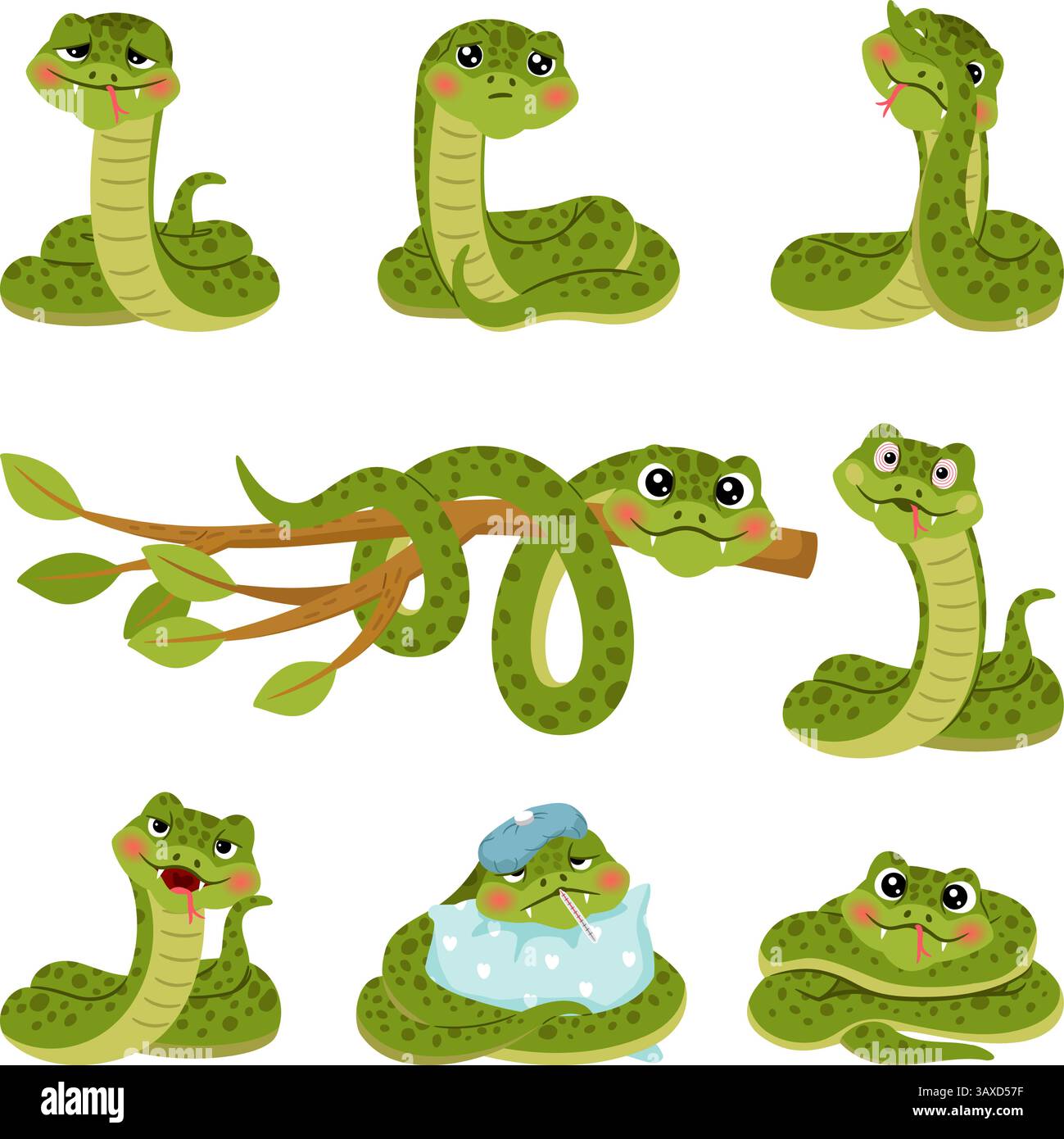 Set of cute cartoon embarrassed snakes characters in different poses, isolated vector ...