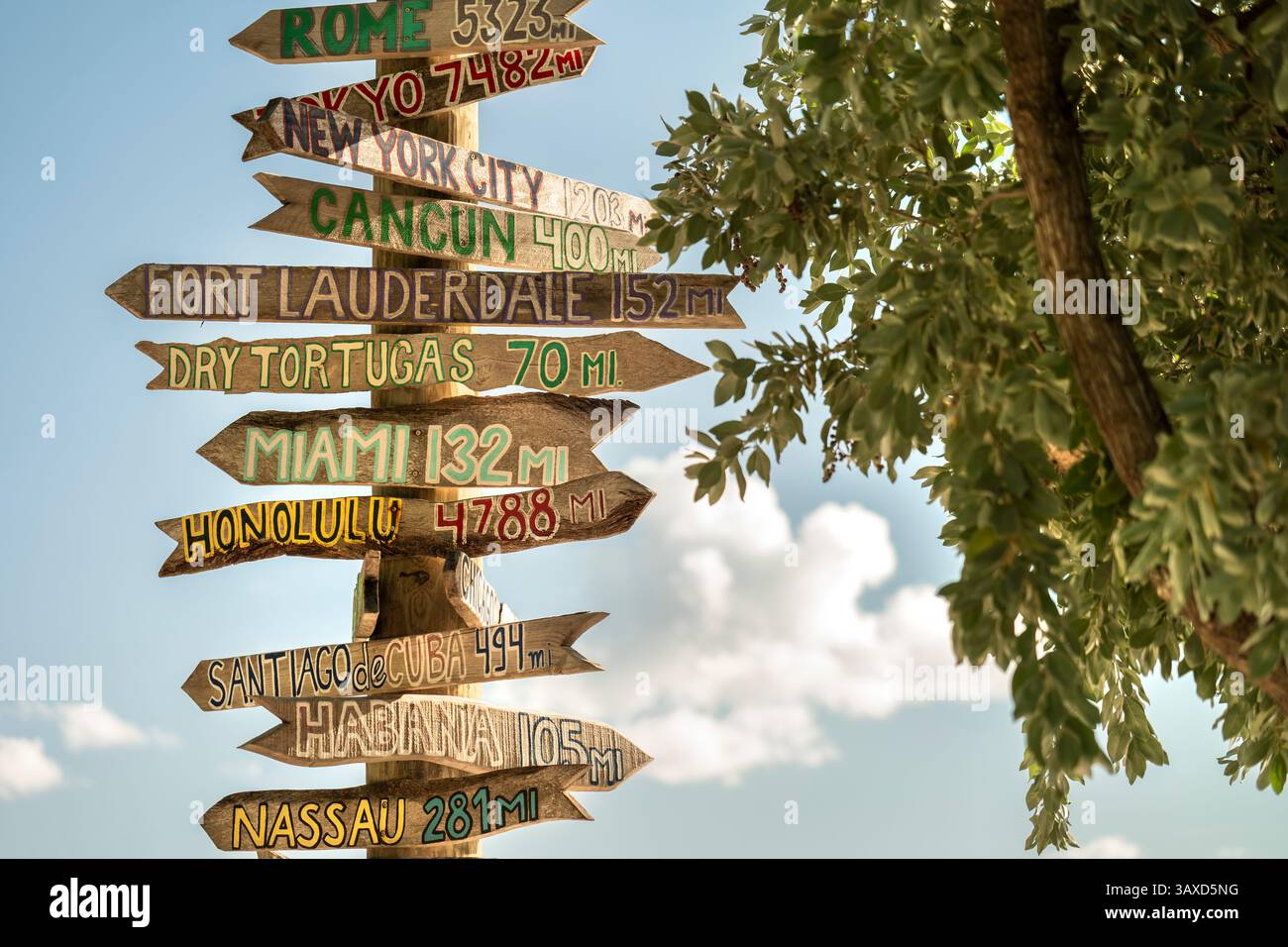 Wooden travel signpost with global city distances for tourists Stock ...