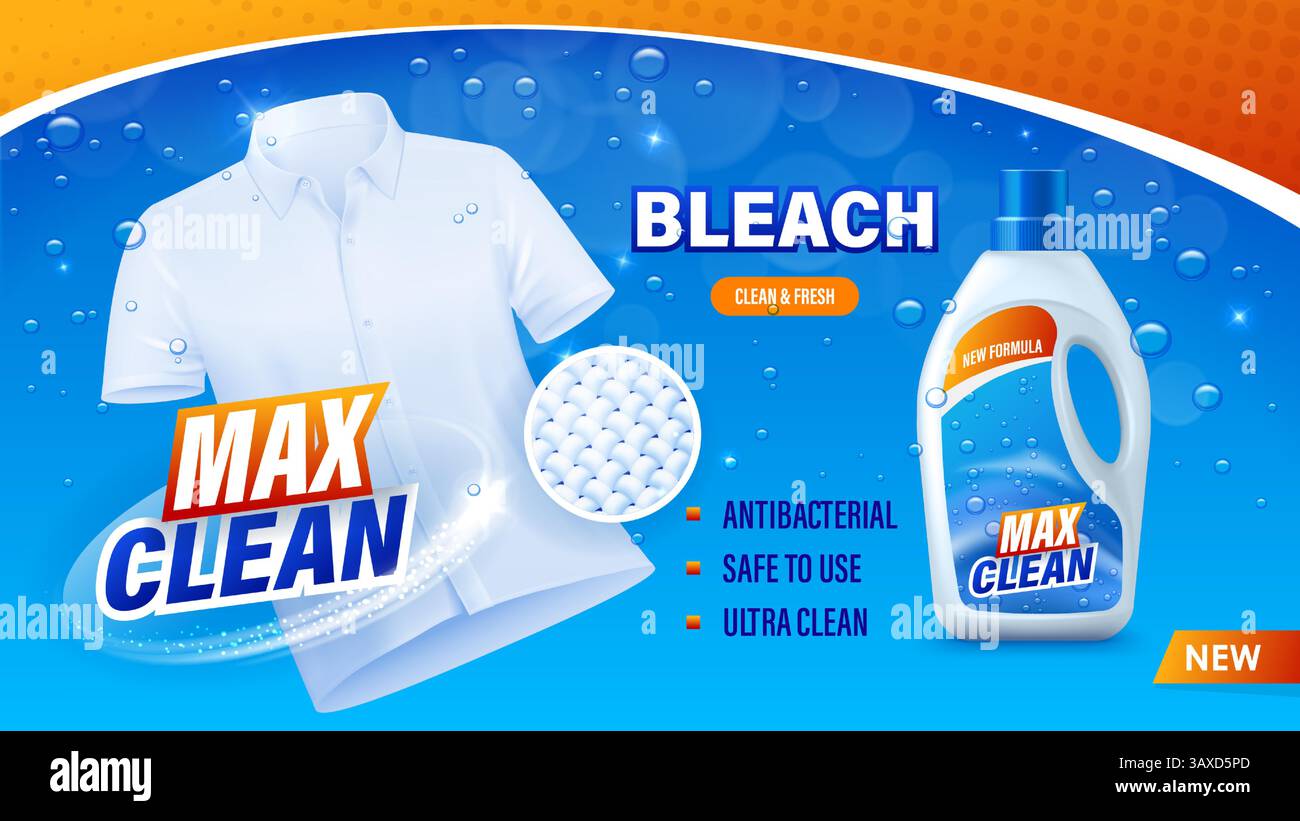Laundry powder detergent cleaner, liquid wash ad with bottle and shirt ...