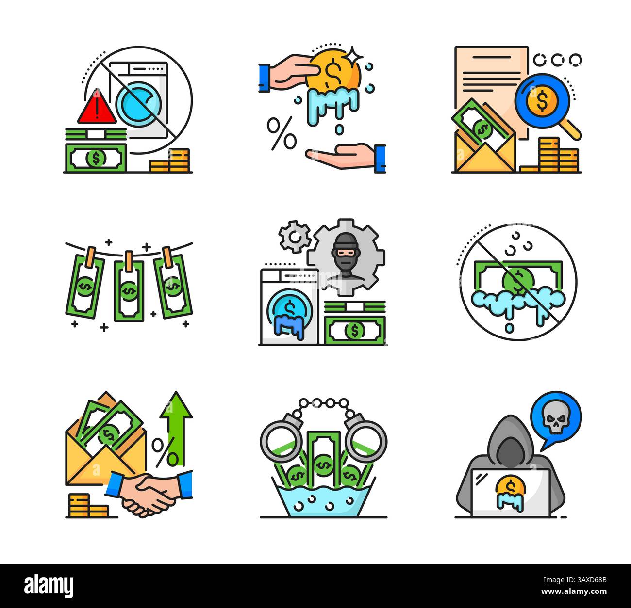 Color AML or anti money laundering icons of crime economic and finances ...