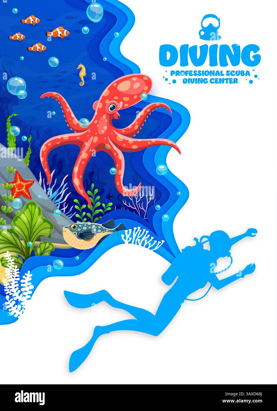 Diving sport banner, papercut underwater landscape with diver and ...