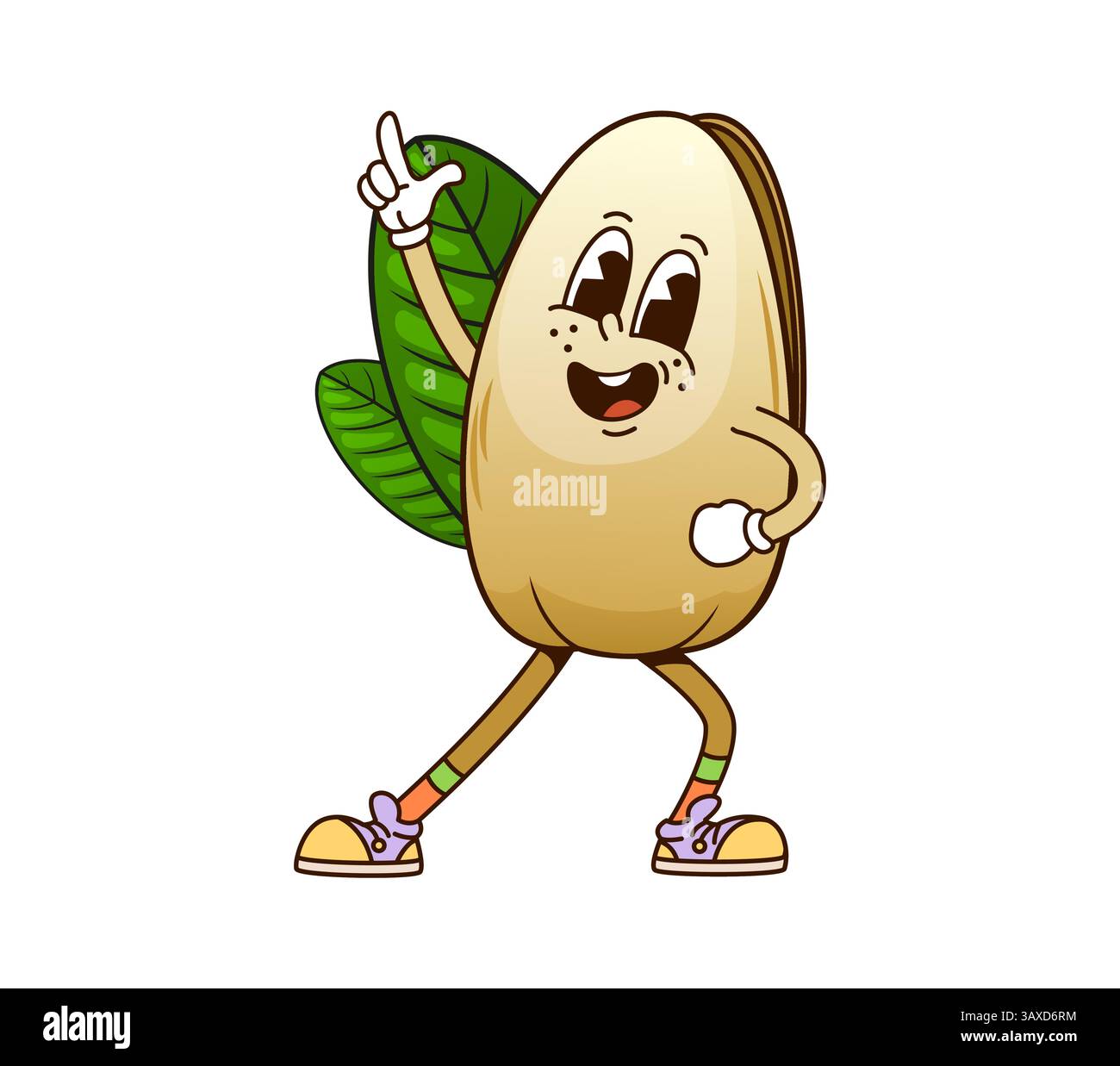 Cartoon groovy pistachio nut character happily dancing a disco dance ...