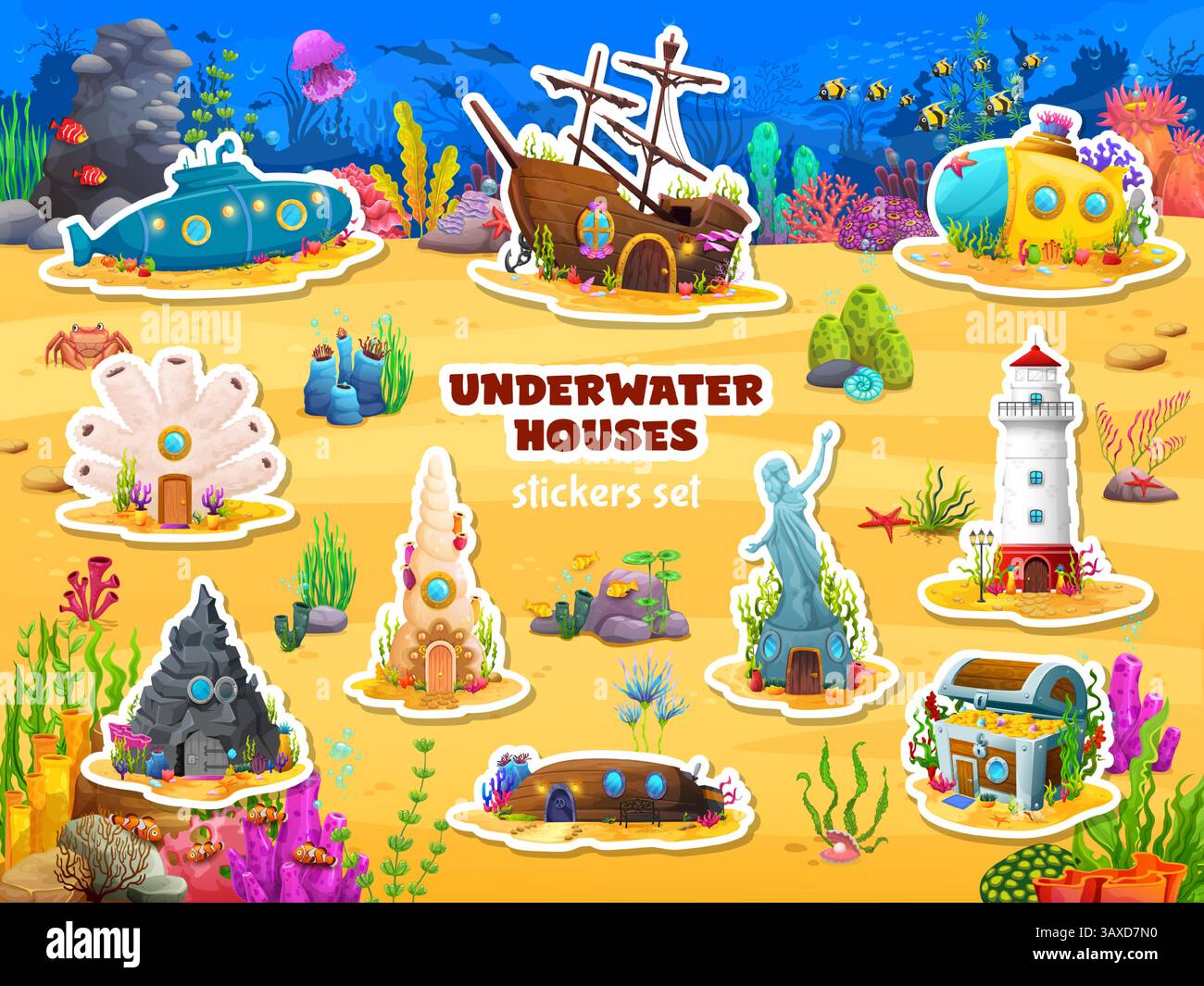 Stickers pack of fairytale underwater sea house buildings. Cartoon ...