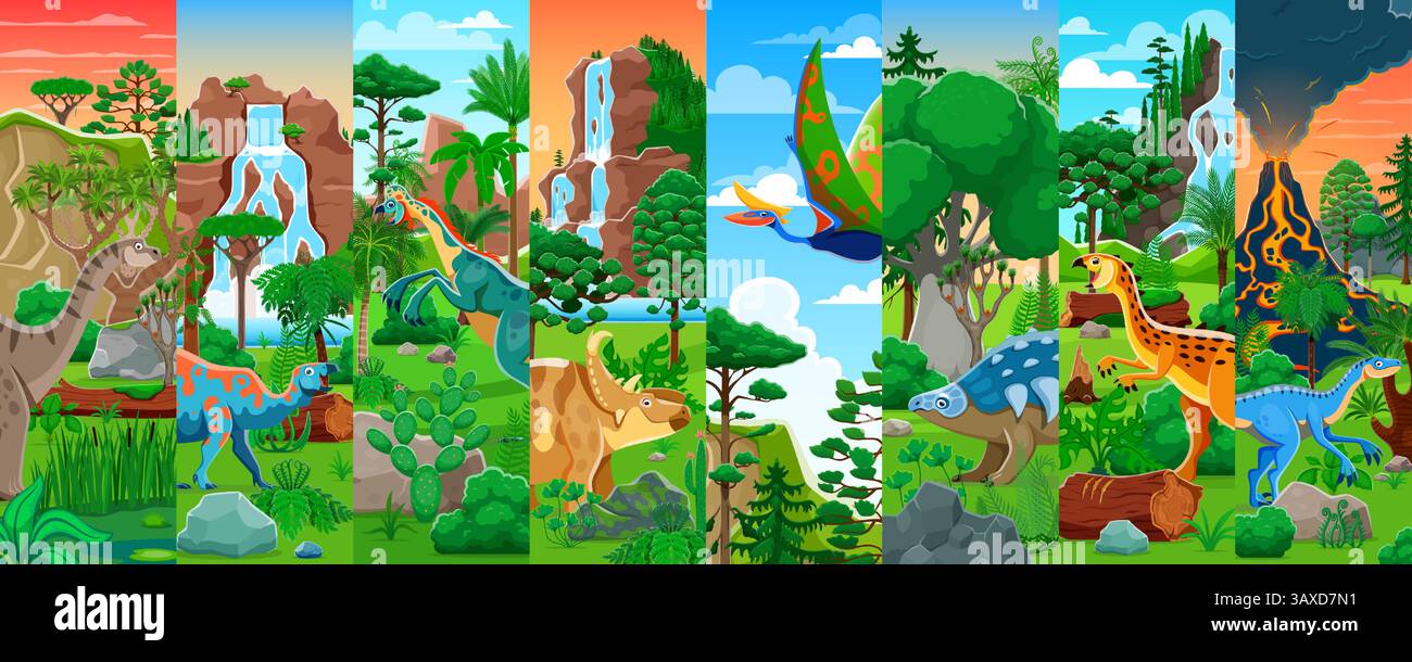 Cartoon prehistoric dinosaur characters collage with Jurassic lizards ...