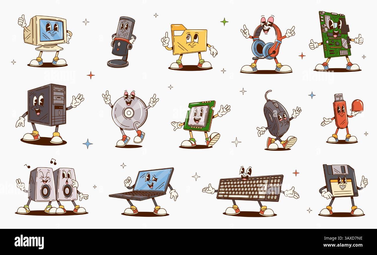 Groovy computer device characters. Cartoon retro hippie personages of desktop pc and laptop ...