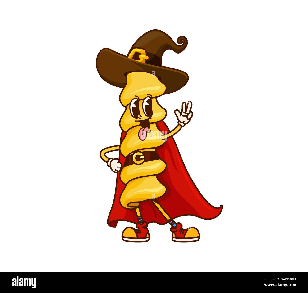 Cartoon groovy Halloween pasta character dressed as a magician or ...