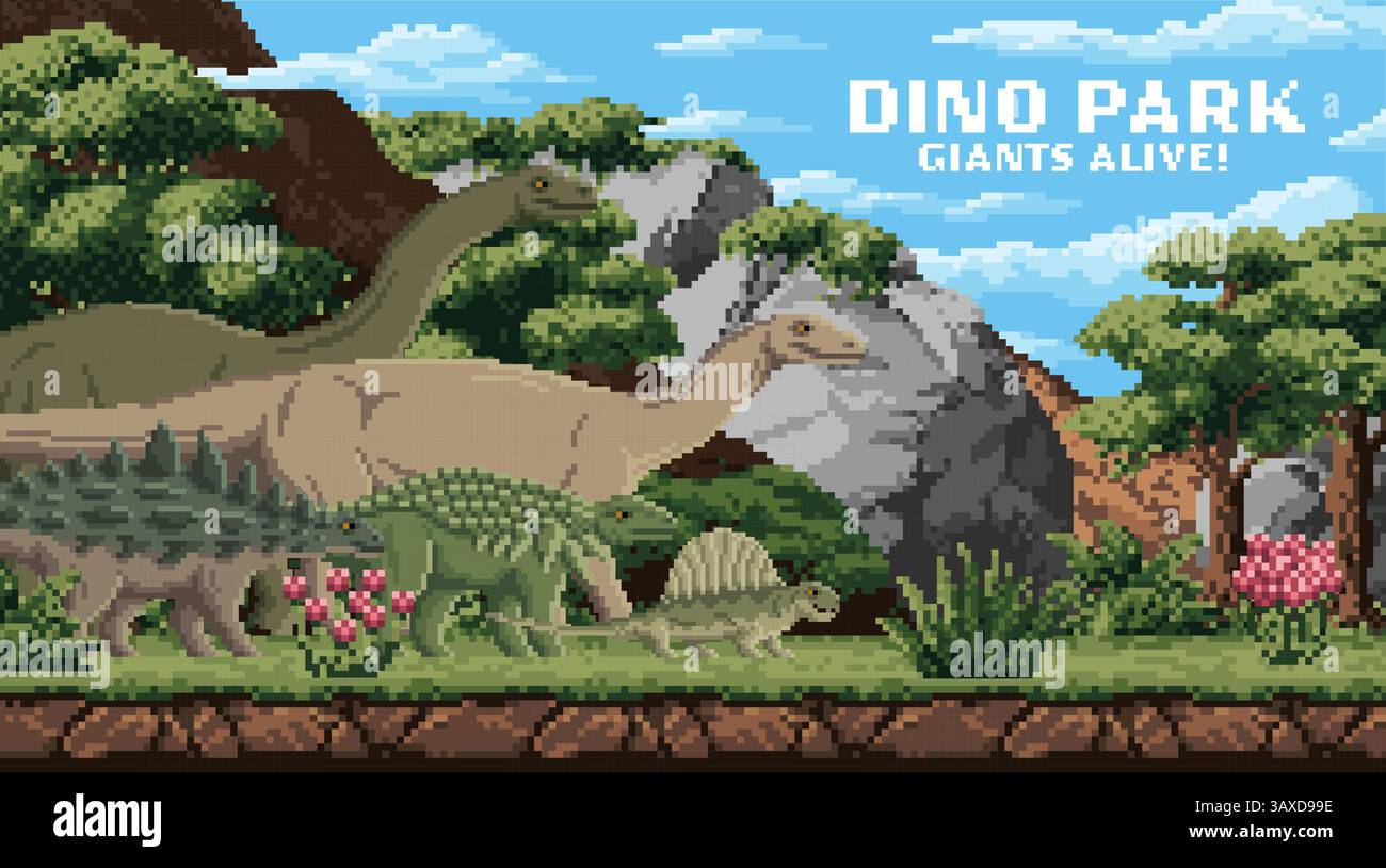 8bit pixel dino park landscape with giant dinosaurs and prehistoric ...