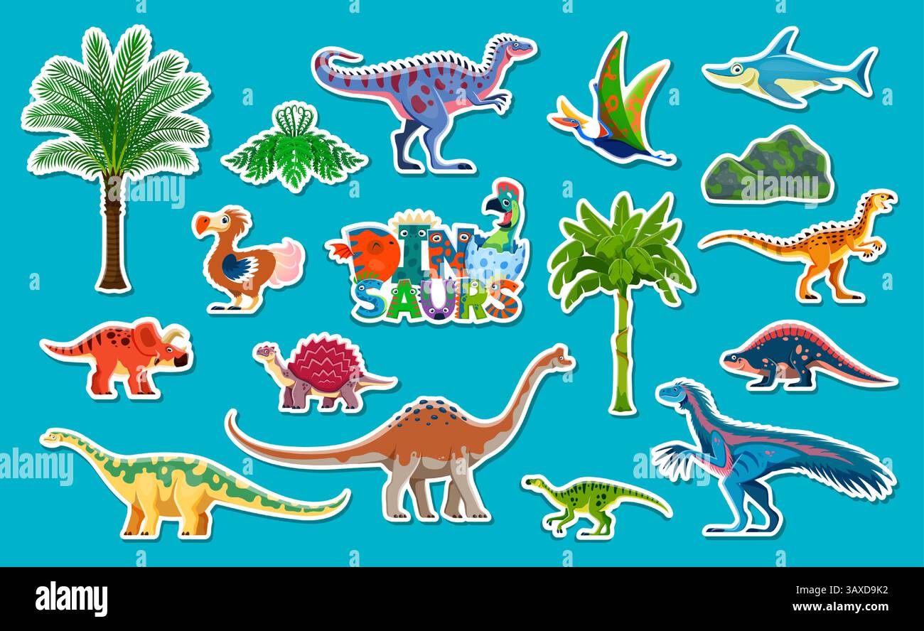 Prehistoric dinosaur stickers featuring dino species and plants ...