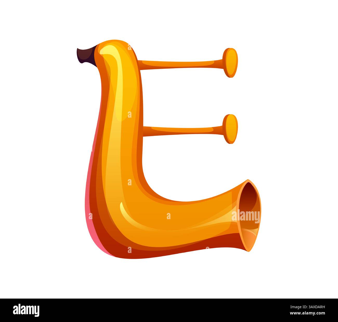 Cartoon musical font letter E resemble a brass trumpet, music instruments typeface ...