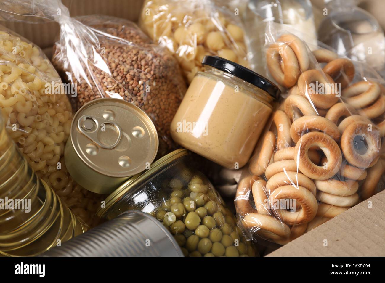 Different food products in box as background, closeup Stock Photo - Alamy