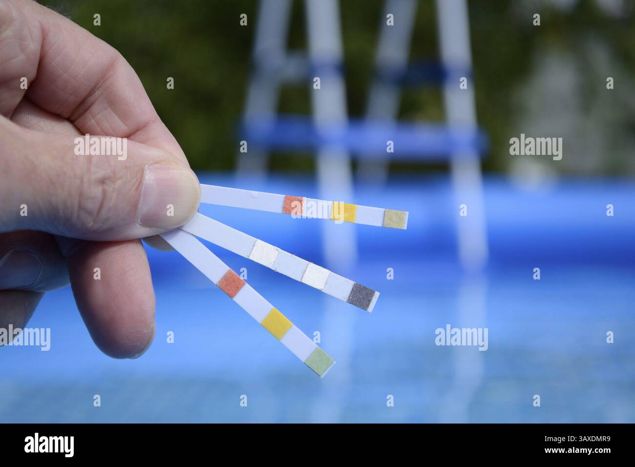 Hand with measuring strips to check water quality in swimming pools ...
