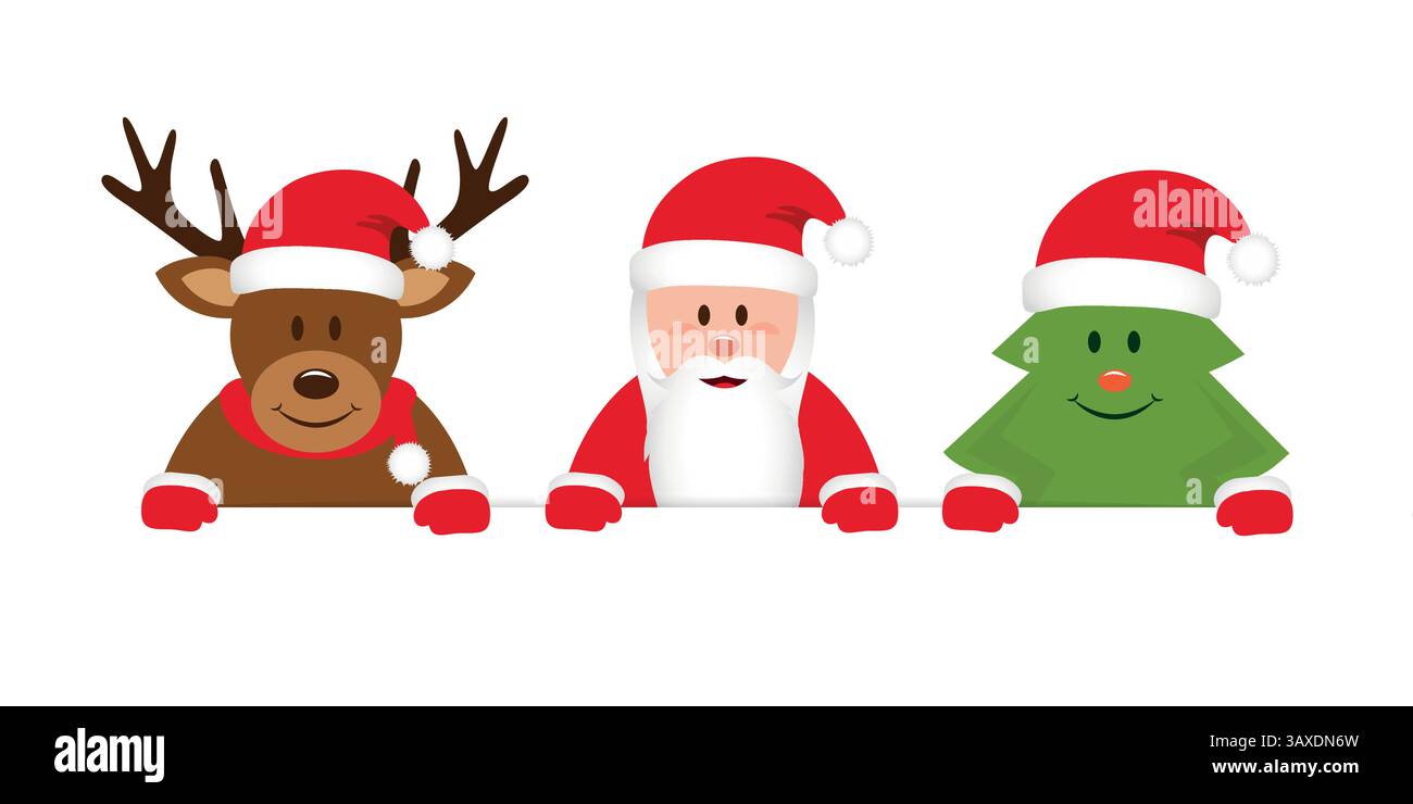 cute deer santa and christmas tree cartoon white banner vector ...