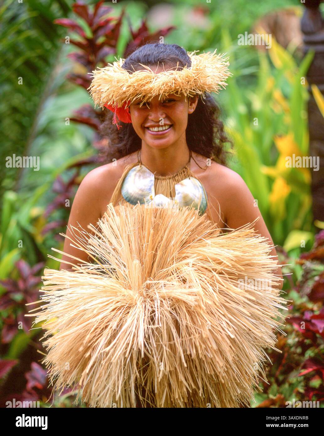 Young Polynesian woman dancer in garden, Rarotonga, Cook Islands, South ...