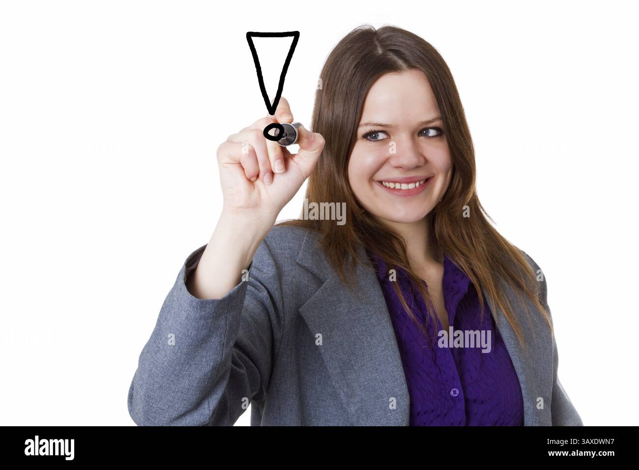 Young woman writing exclamation mark on a glass panel - isolated Young ...