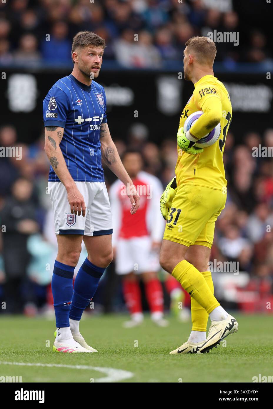 Ipswich, UK. 20th Apr, 2025. Cameron Burgess of Ipswich Town talks to ...