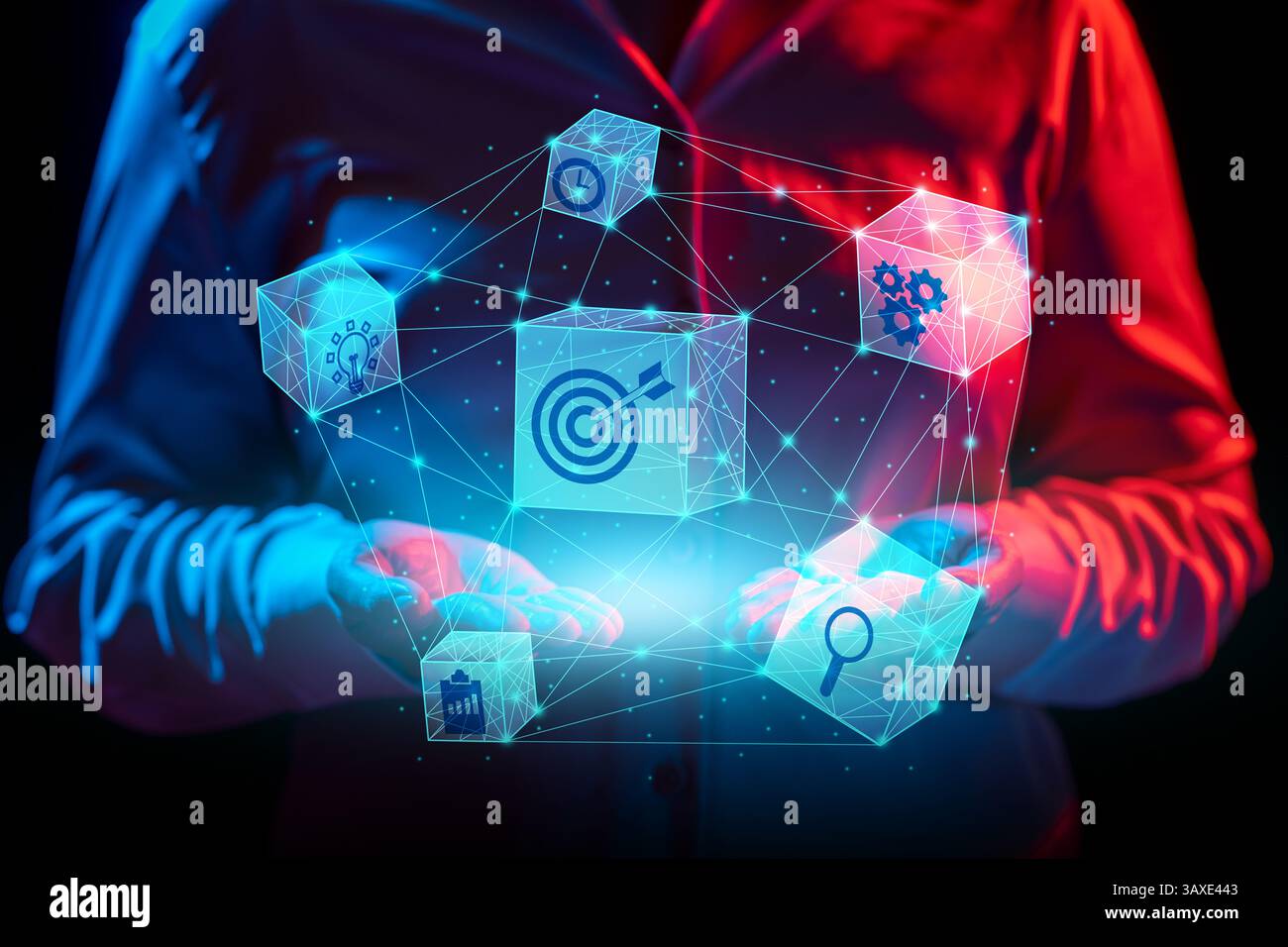 Businessperson showing icons of action plan on wireframe cubes. Data management system. Smart ...